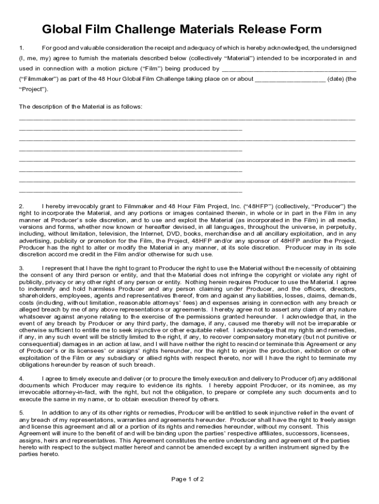 Fillable Online Global Film Challenge Materials Release Form Fax Email ...