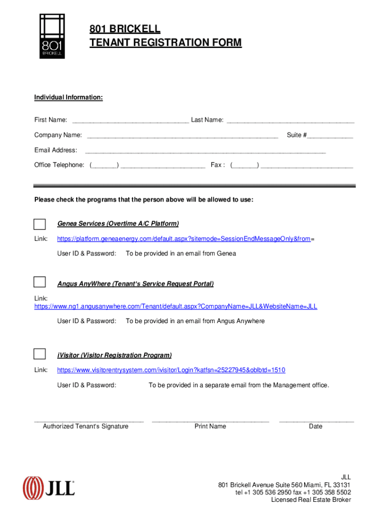 Fillable Online 801 BRICKELL TENANT REGISTRATION FORM Fax Email Print ...
