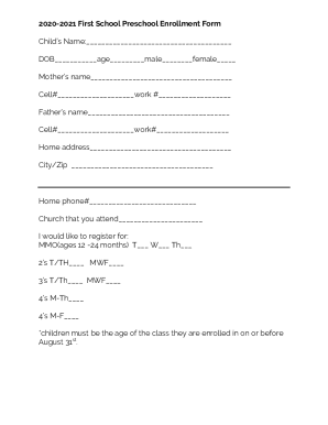 Fillable Online 2020-2021 First School Preschool Enrollment Form Fax ...