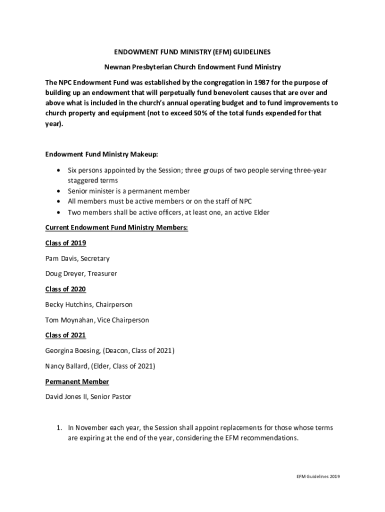 Fillable Online ENDOWMENT FUND MINISTRY (EFM) GUIDELINES NPC Endowment ... Fax Email Print ...