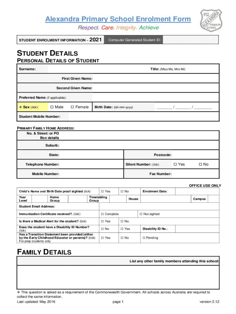 Fillable Online Student Enrolment Form - Alexandra Primary School Fax ...