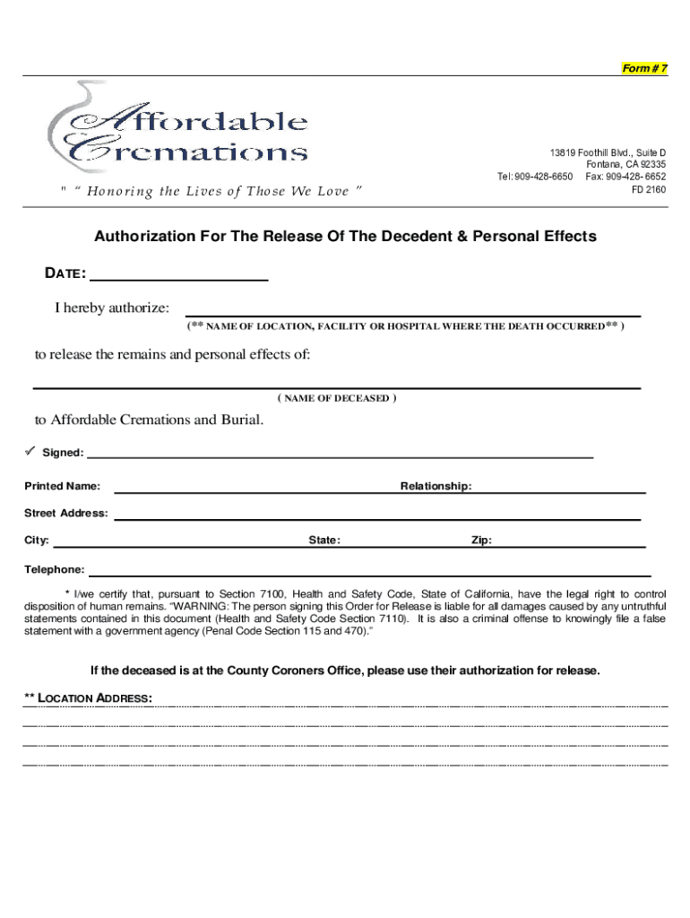 Fillable Online 2014 Cremations Forms Package w general release Fax ...