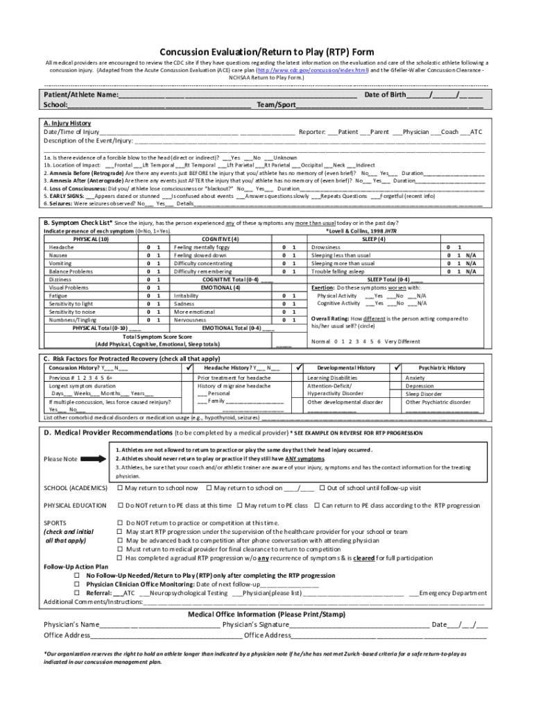 Fillable Online CONCUSSION RETURN TO PLAY FORM - Team USA Fax Email ...