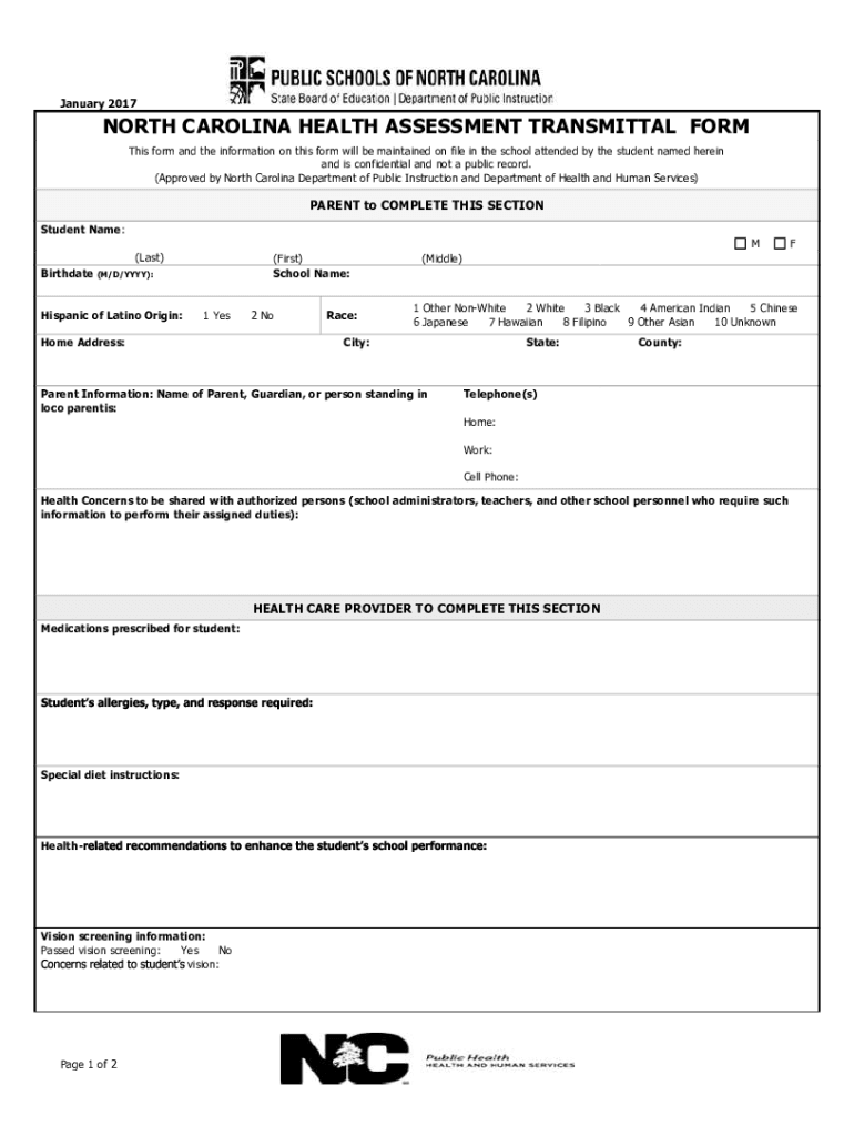 Fillable Online NORTH CAROLINA HEALTH ASSESSMENT TRANSMITTAL FORMDHHS ...