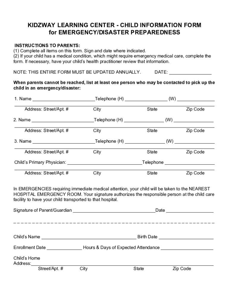 Fillable Online KIDZWAY LEARNING CENTER - CHILD INFORMATION FORM Fax ...