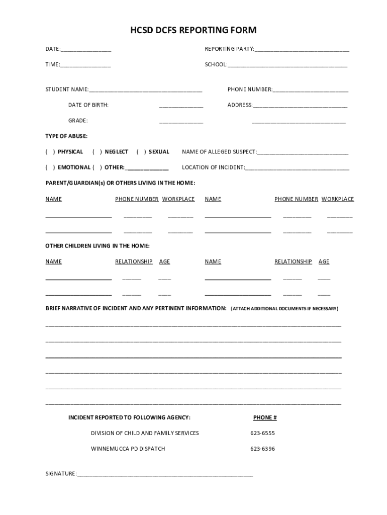 Fillable Online HCSD DCFS REPORTING FORM Fax Email Print - pdfFiller