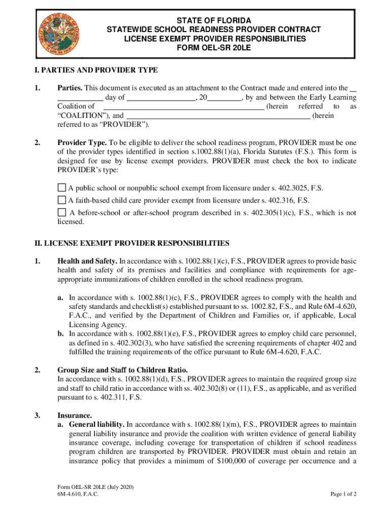 Fillable Online Form OEL-SR 20 LE State SR Provider Contract for ...