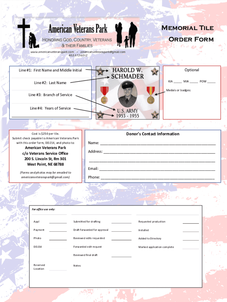 Fillable Online Memorial Tile Order Form - americanveteranspark.com Fax ...