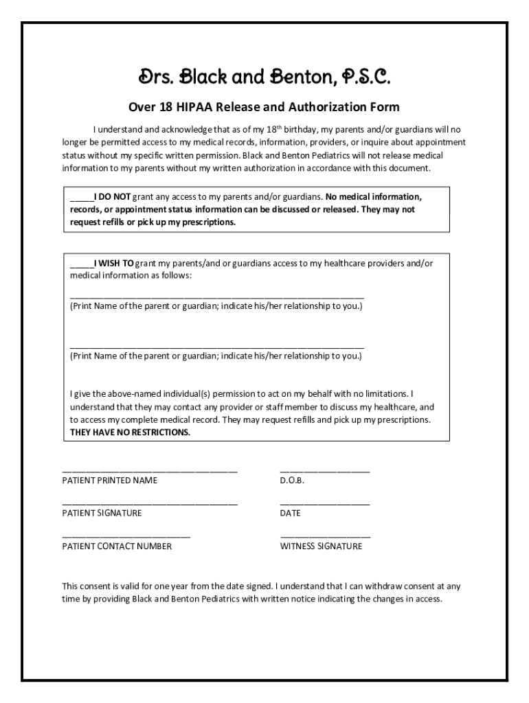 Fillable Online HIPAA Release and Authorization Form for Patients Over ...