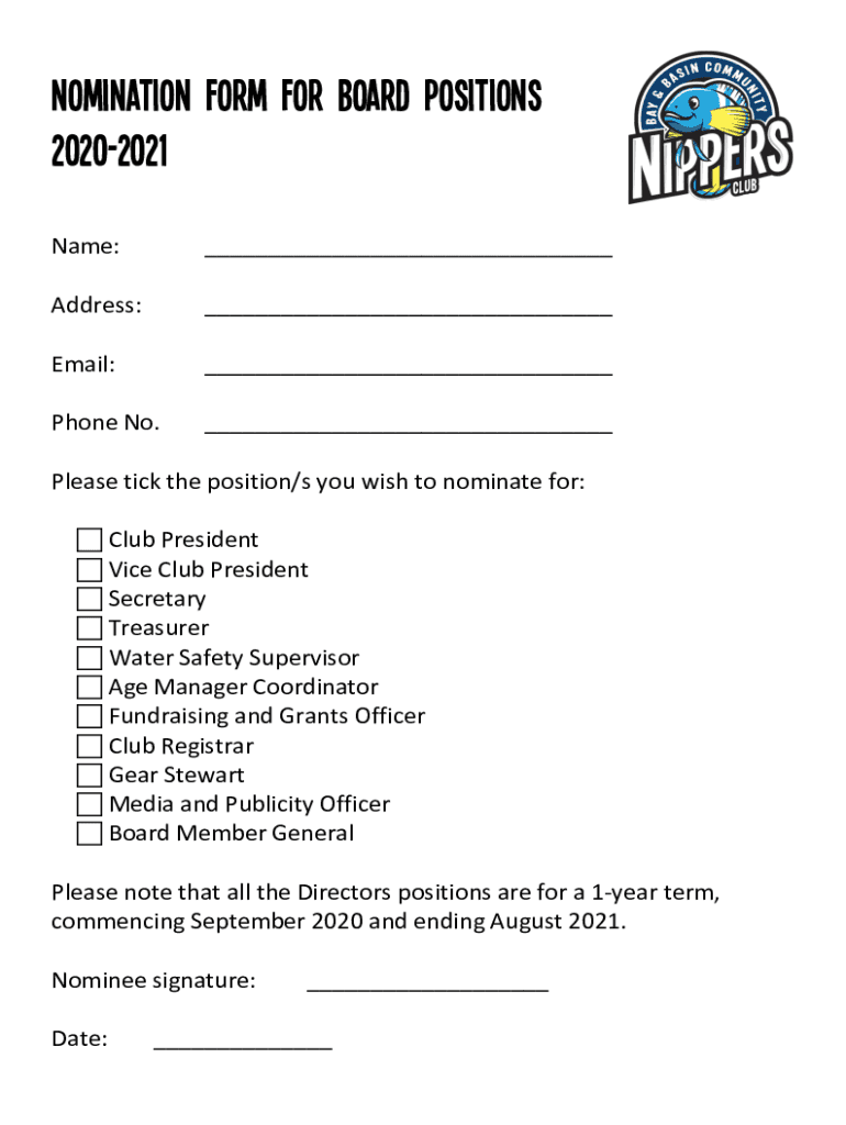 Fillable Online 2020 Nomination Form for Board Positions Fax Email ...
