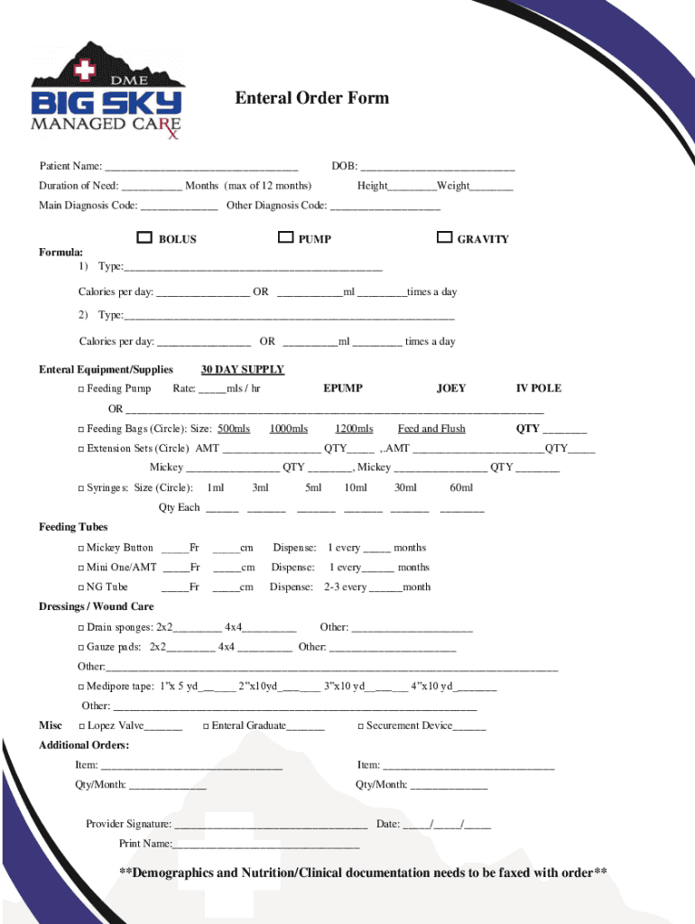 Fillable Online Enteral Order Form - Big Sky Managed Care Fax Email ...