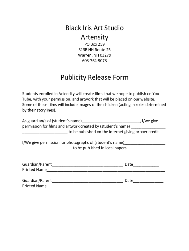 Fillable Online Black Iris Art Studio Publicity Release Form.docx Fax ...