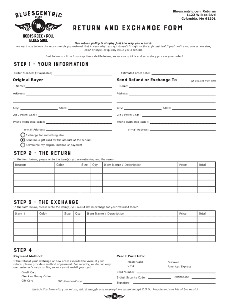 Fillable Online Return and Exchange Form - Bluescentric Fax Email Print ...
