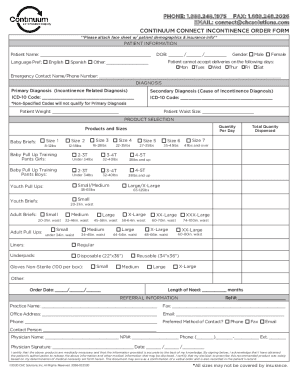 Fillable Online CONTINUUM CONNECT INCONTINENCE ORDER FORM Fax Email ...