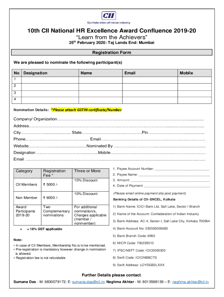 Fillable Online Registration Form - CII National HR Excellence Award ...