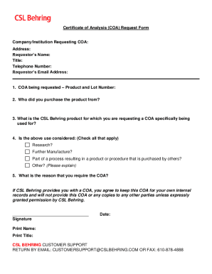 Fillable Online Certificate of Analysis (COA) Request Form Fax Email ...