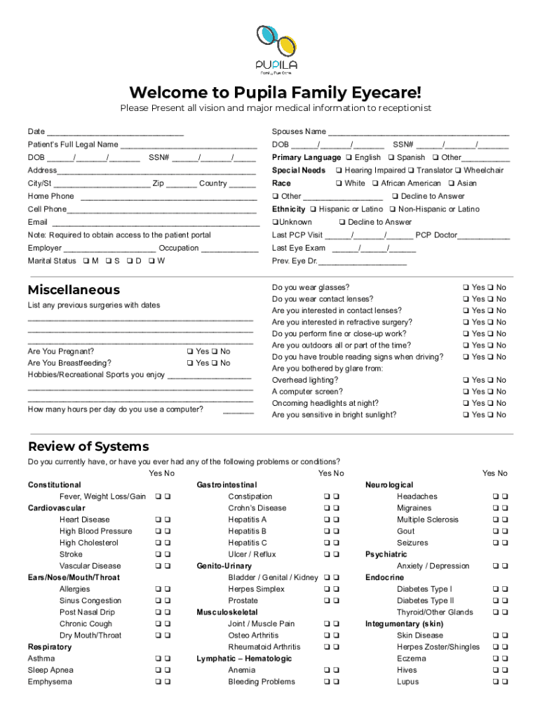 Fillable Online Welcome to Pupila Family Eyecare Fax Email Print - pdfFiller