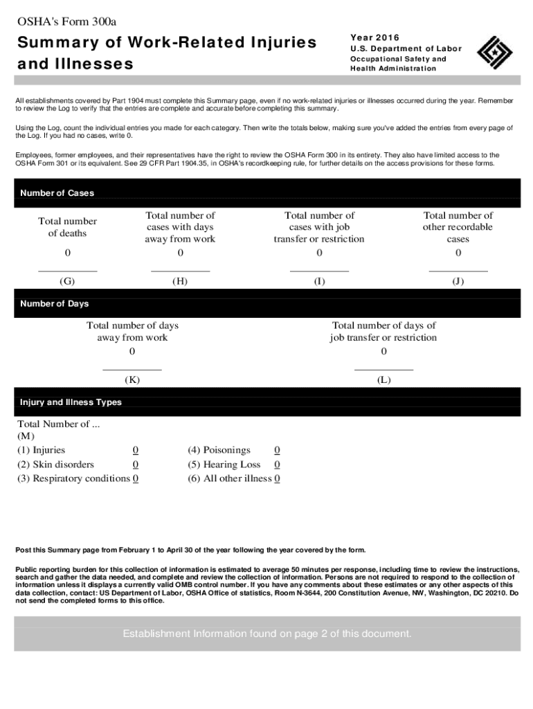 Fillable Online OSHA's Form 300A Summary of Work-Related Injuries and ...