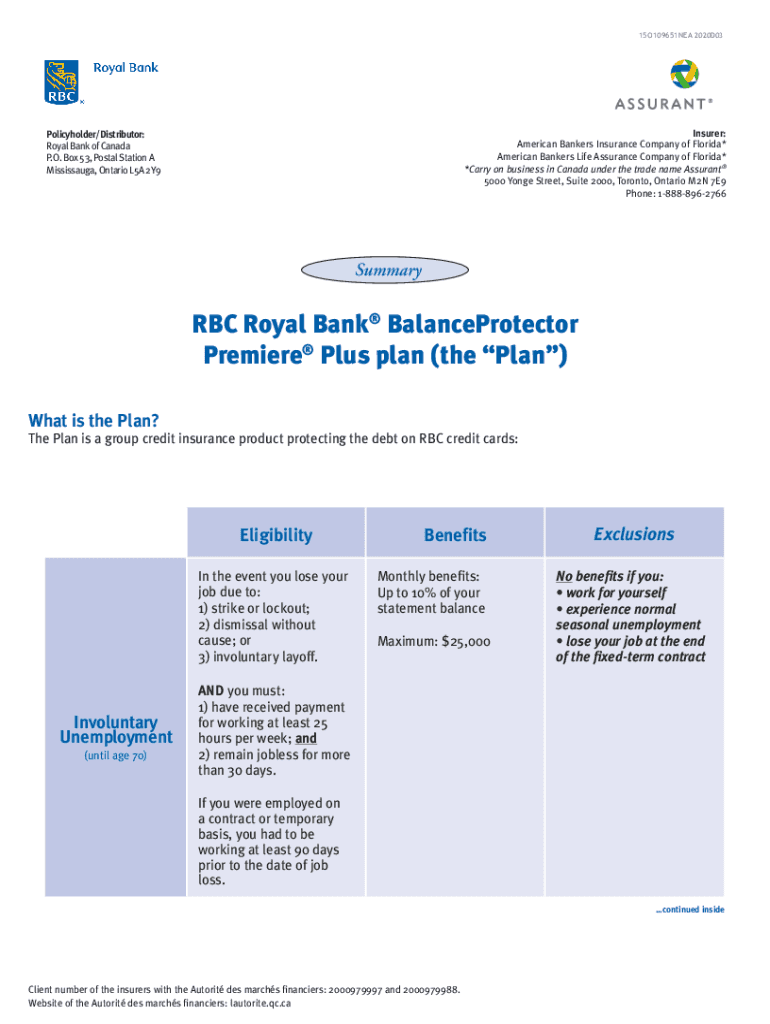 Fillable Online Summary - Personal and Business Banking Services - RBC ...