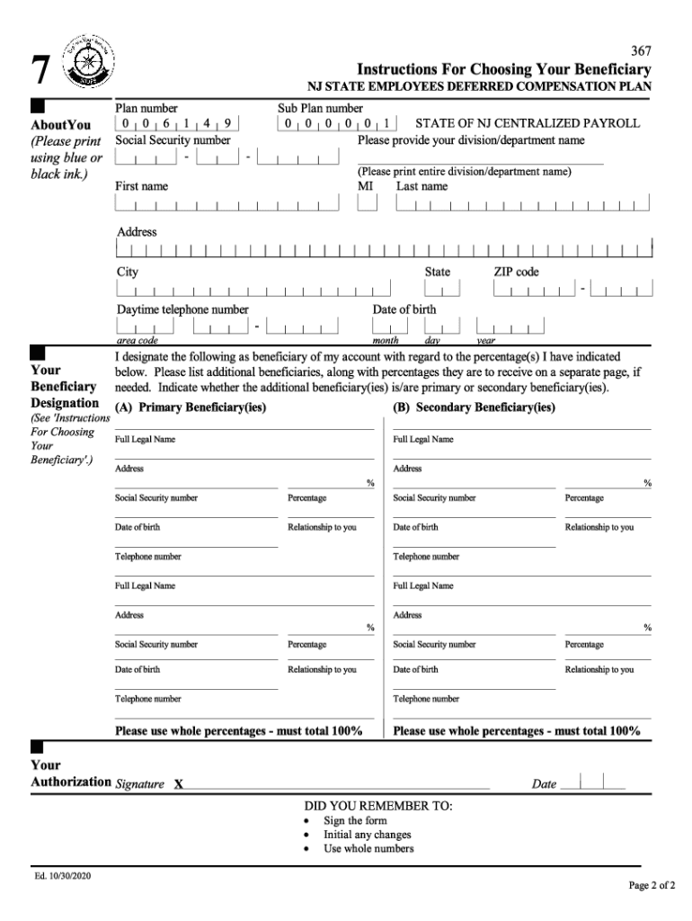 Fillable Online Instructions For Choosing Your Beneficiary NJ State ...