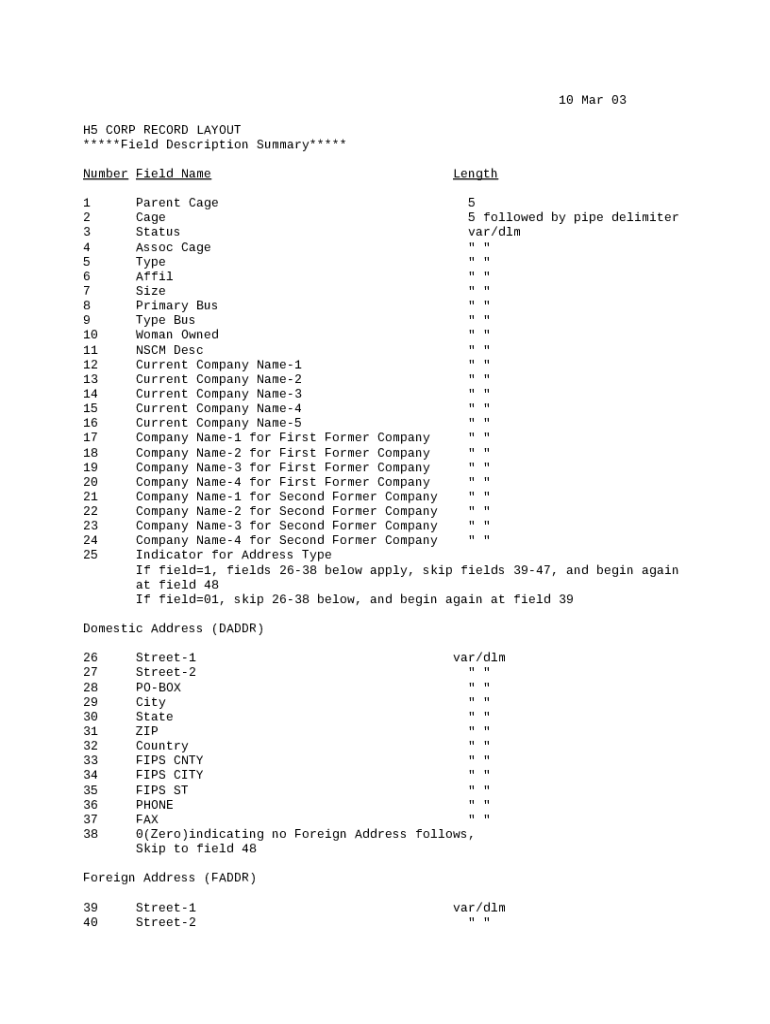 H5 CORP RECORD LAYOUT Doc Template | pdfFiller