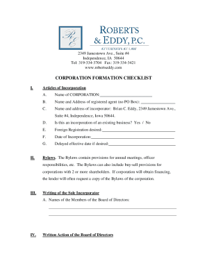 Fillable Online IA Corporation Formation Checklist BCE Template Fax ...