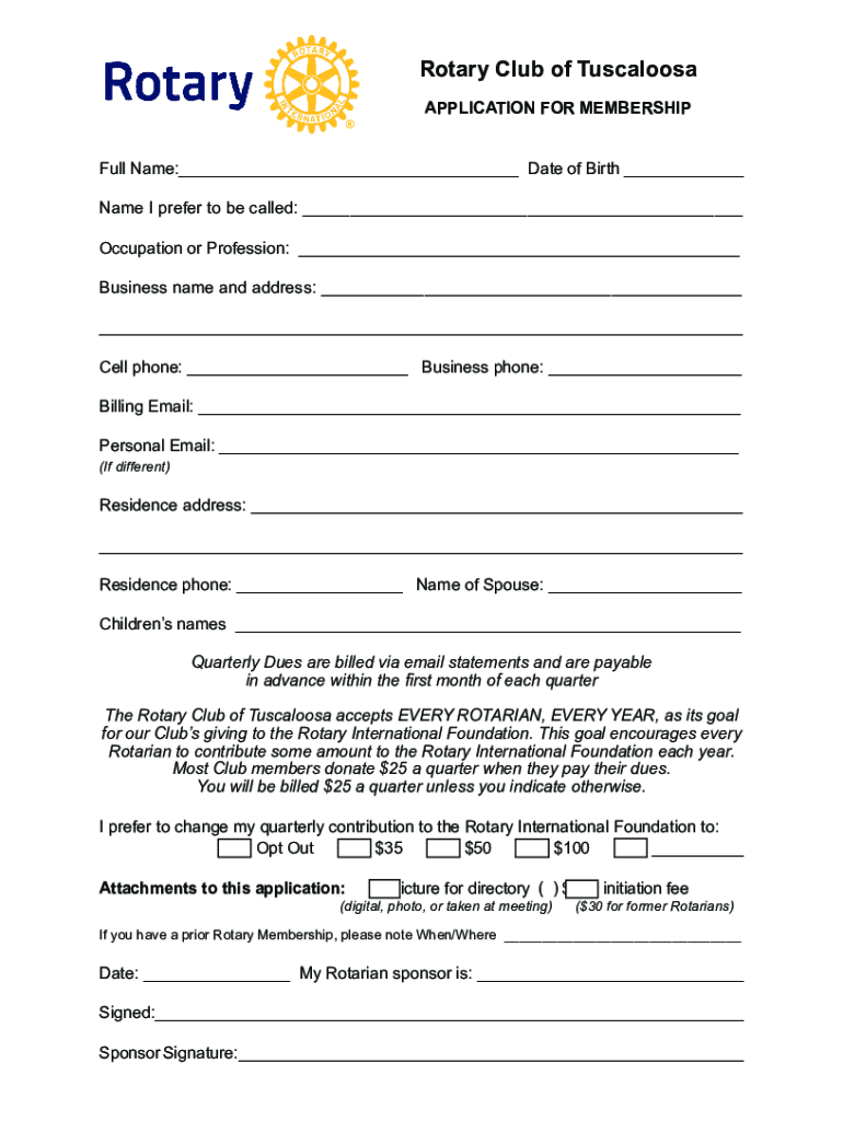 Fillable Online PDF New Member Application - Rotary Club of Tuscaloosa ...