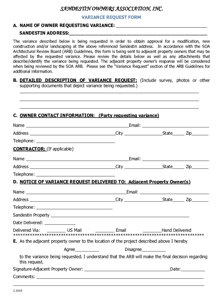 Fillable Online Fillable Online VARIANCE REQUEST FORM NAME OF OWNER ...