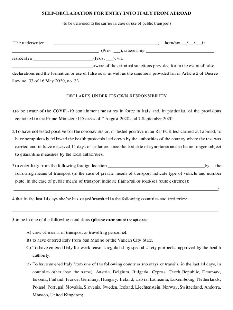 Fillable Online SELF-DECLARATION OF MOVEMENT WHEN ENTERING ITALY FROM ...