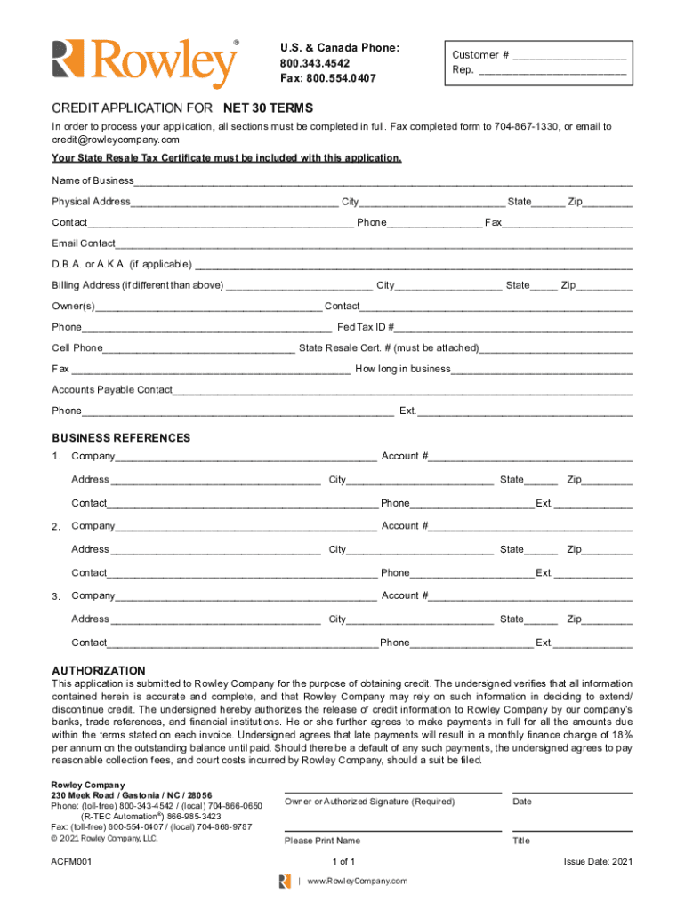 Fillable Online CREDIT APPLICATION FOR NET 30 TERMS - rowleycompany ...