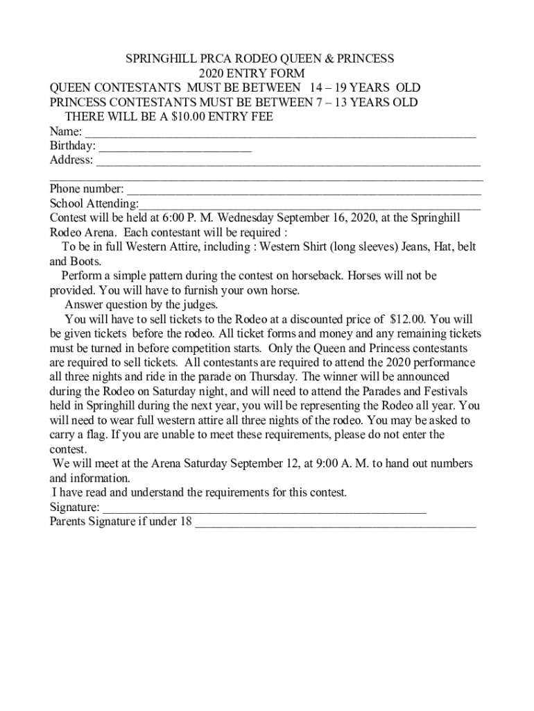 Fillable Online SPRINGHILL PRCA RODEO QUEEN & PRINCESS 2020 ENTRY FORM ...