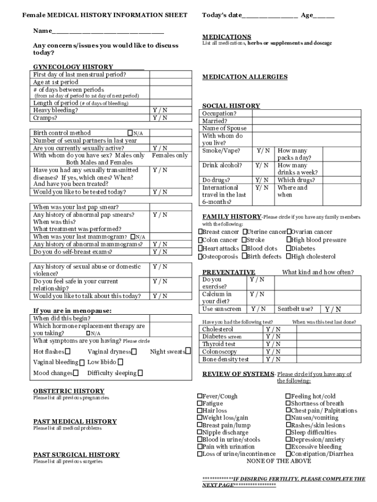 Fillable Online Female MEDICAL HISTORY INFORMATION SHEET Today's date ...