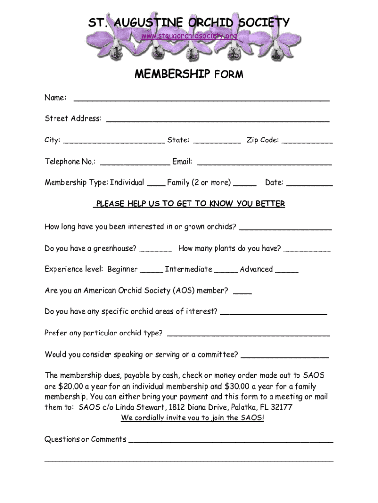 Fillable Online MEMBERSHIP FORM - St. Augustine Orchid Society Fax ...