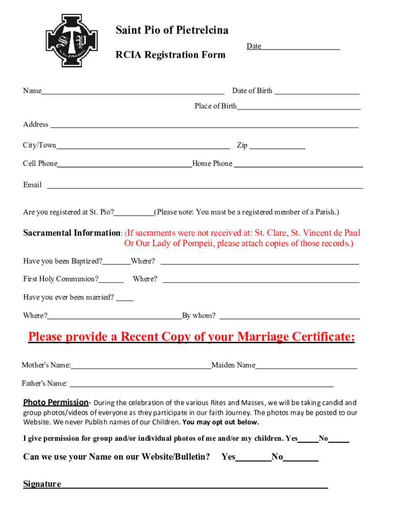 Fillable Online RCIA Registration Form - stpioofpietrelcinaeh.com Fax ...