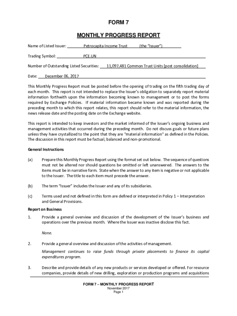 Fillable Online LHS - Form 7 Monthly Progress Report for October 2017 CSE ... Fax Email Print ...