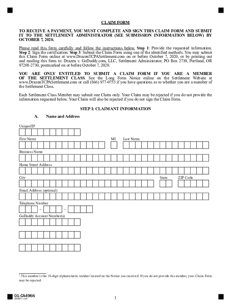 Fillable Online CLAIM FORM TO RECEIVE A PAYMENT, YOU MUST COMPLETE AND ...