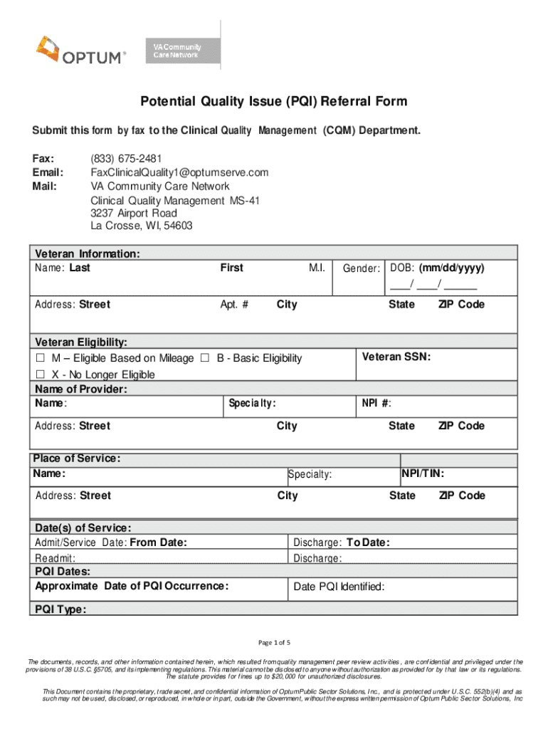 Fillable Online Potential Quality Issue (PQI) Referral Form - VA ...