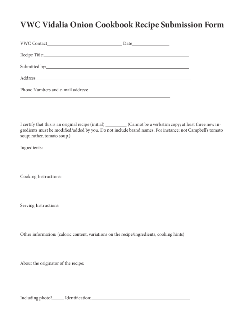 Fillable Online VWC Vidalia Onion Cookbook Recipe Submission Form Fax ...