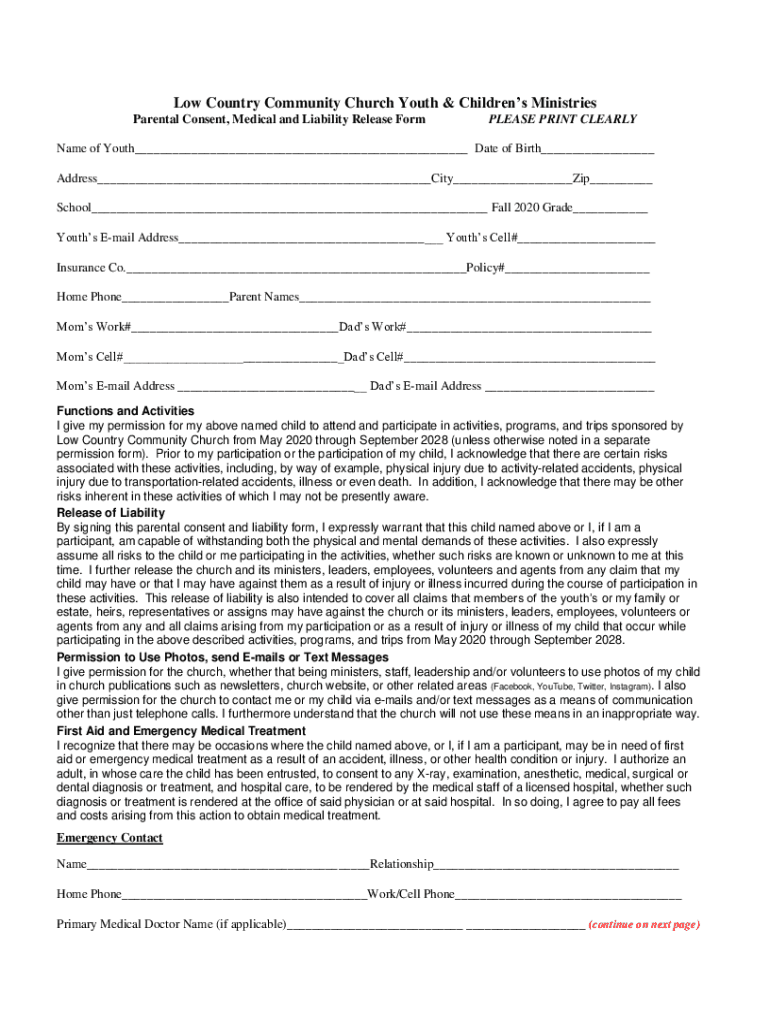 Fillable Online Parental Consent Form for Children's Ministries Youth ...