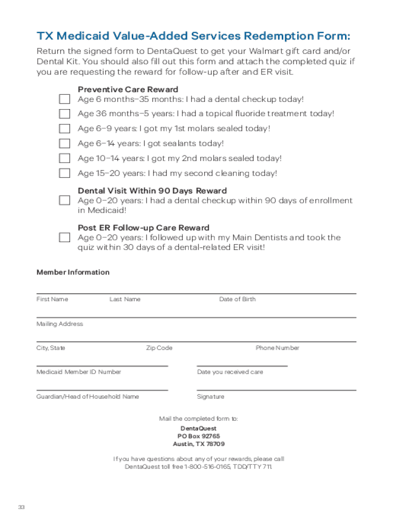 Fillable Online TX Medicaid Value-Added Services Redemption Form: Fax ...