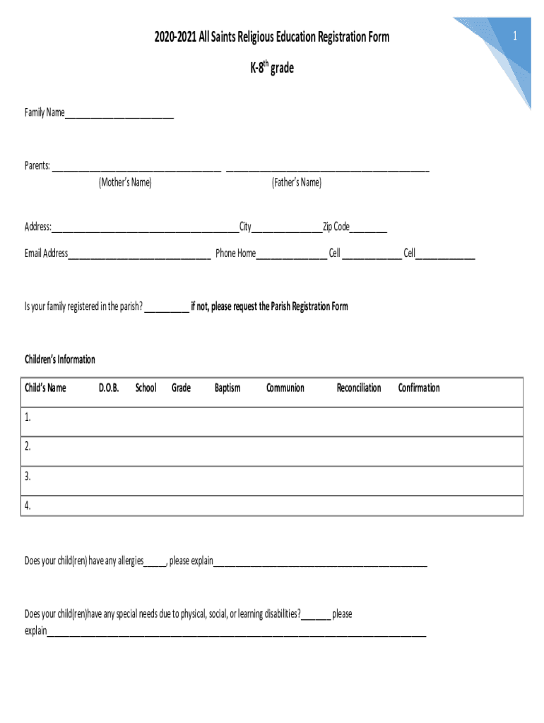 Fillable Online 2020-2021 All Saints Religious Education Registration Form K ... Fax Email Print ...