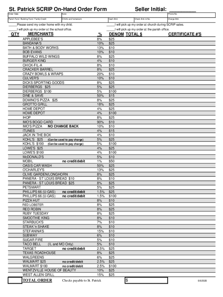 Fillable Online Order Scrip - St. Patrick Catholic School - Cedar Falls, IA Fax Email Print ...