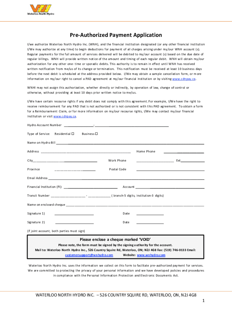 Fillable Online Pre-Authorized Payment Application - Waterloo North Hydro Fax Email Print ...