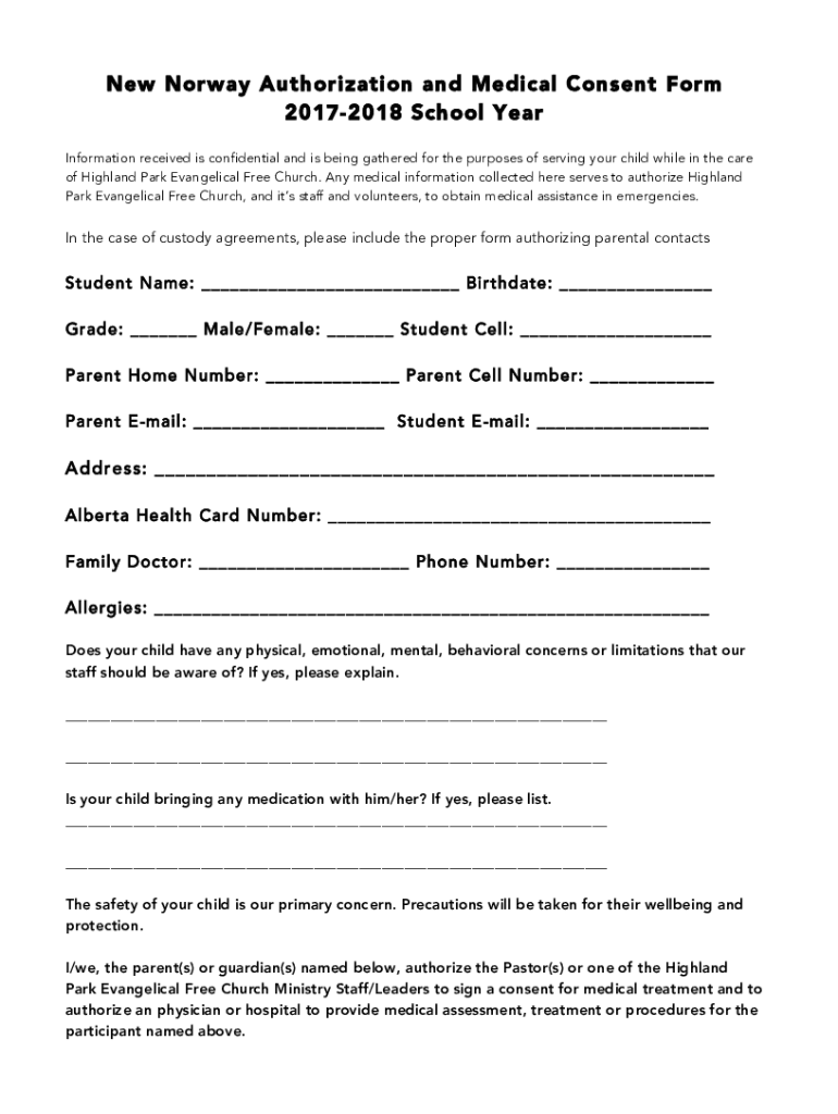Fillable Online Authorization and Medical Consent Form For the school ...