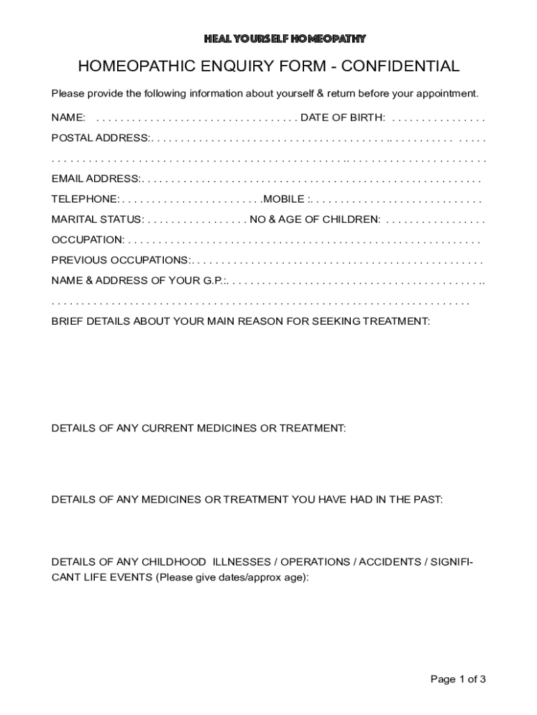 Fillable Online Homeopathic Enquiry Form PDF 0519 Fax Email Print ...