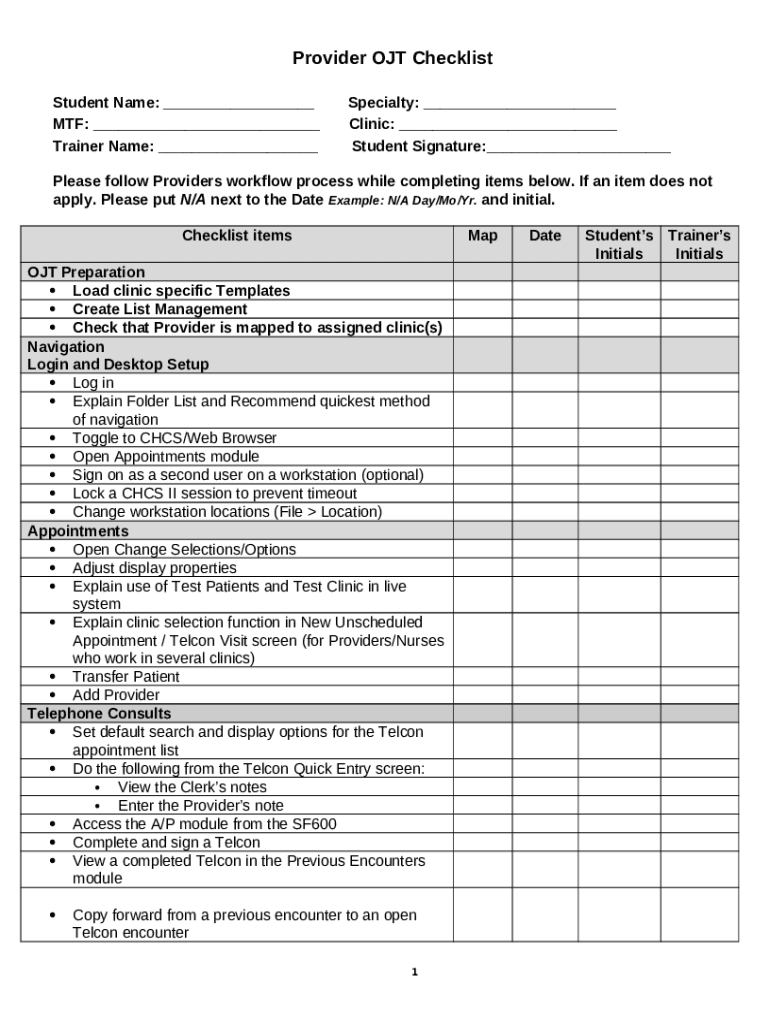 Provider OJT Checklist Doc Template | pdfFiller
