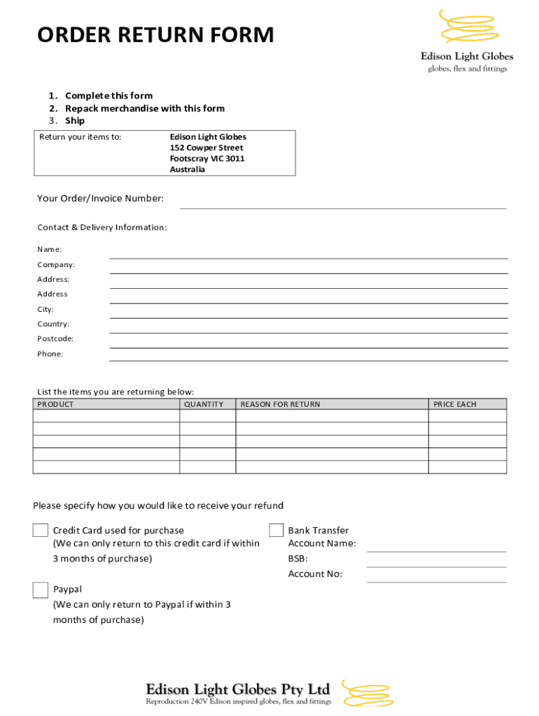 Fillable Online Order Return Form.docx Fax Email Print - pdfFiller