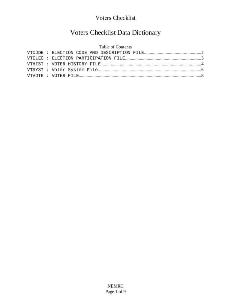 Voters Checklist Data Dictionary - nemrc.com Doc Template | pdfFiller