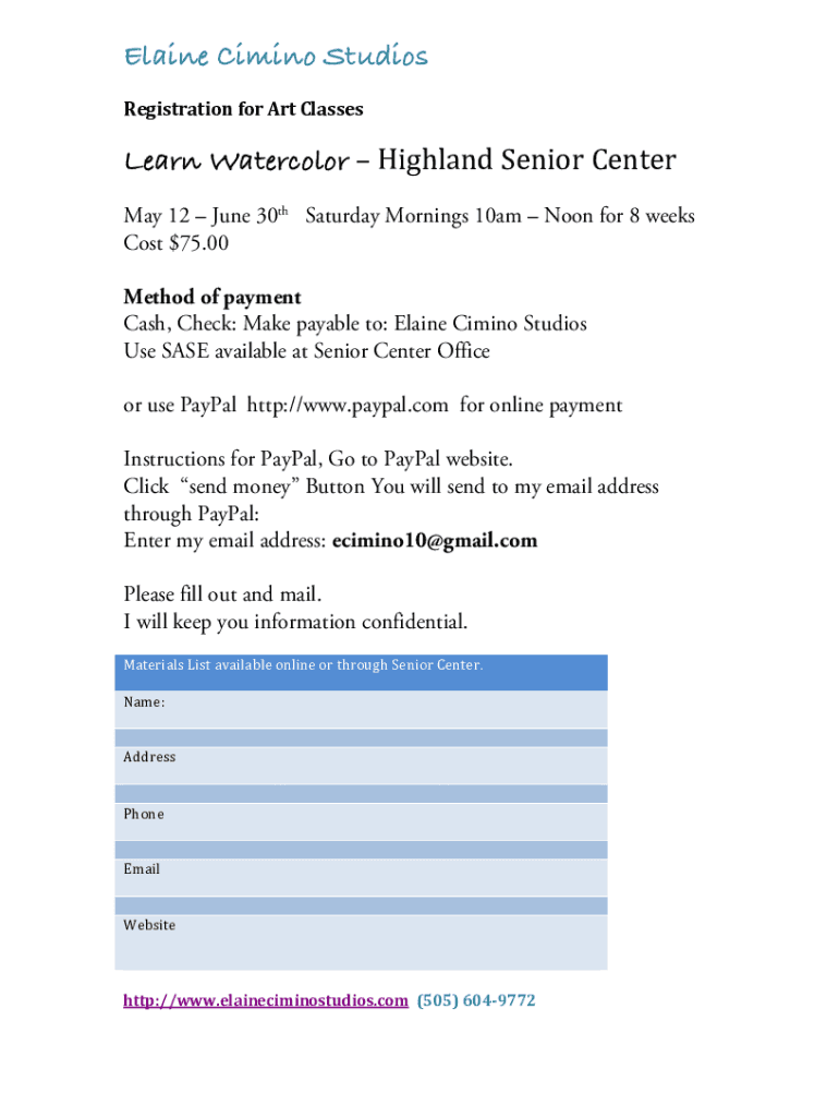Fillable Online Art Class Registration Form.docx Fax Email Print ...
