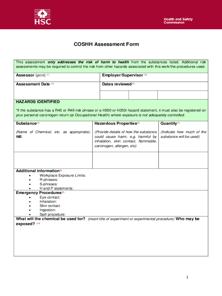 Fillable Online Appendix 3 Blank COSHH Form - HSEAppendix 3 Blank COSHH ...